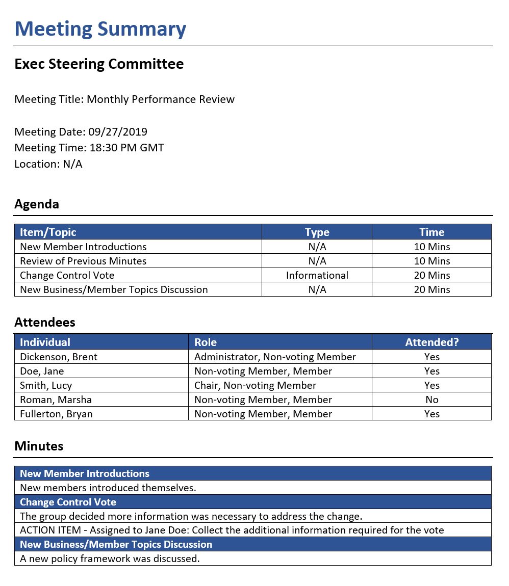 Generating a Meeting Summary Document – GovernSpot
